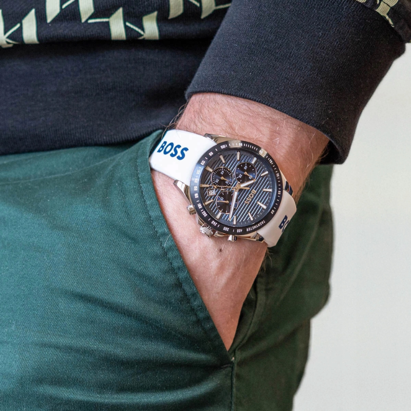 Hugo Boss Men's STRIKE Chronograph Silicone Band Blue-White Watch - My ...